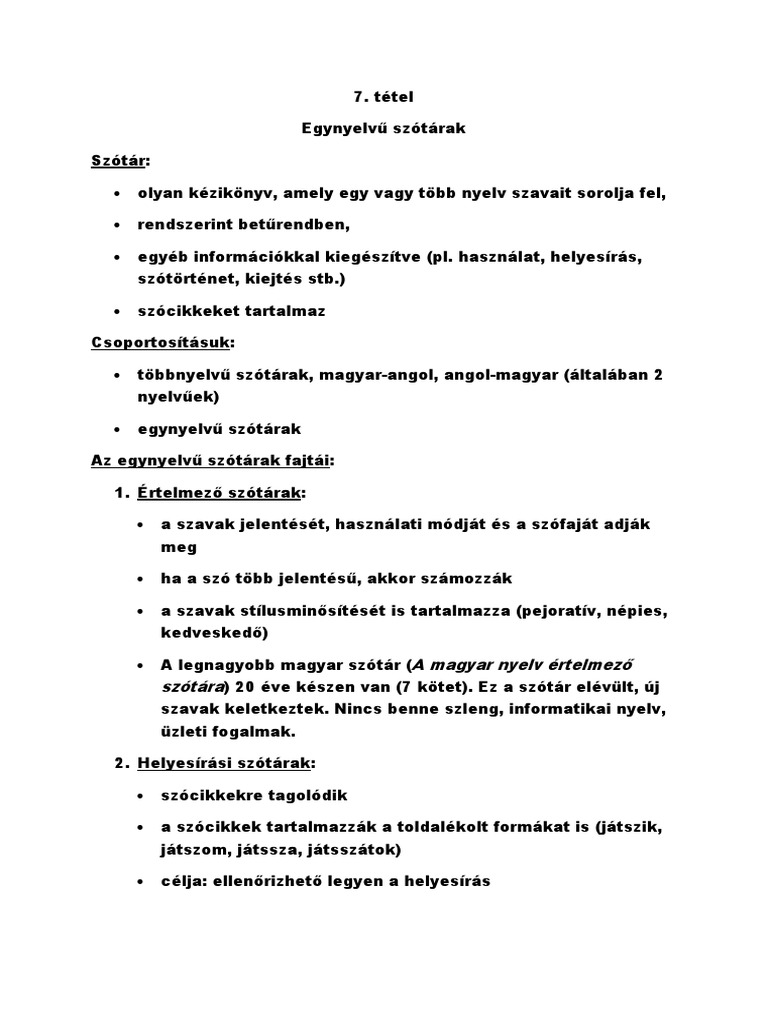Tétel - Egynyelvű Szótárak | PDF