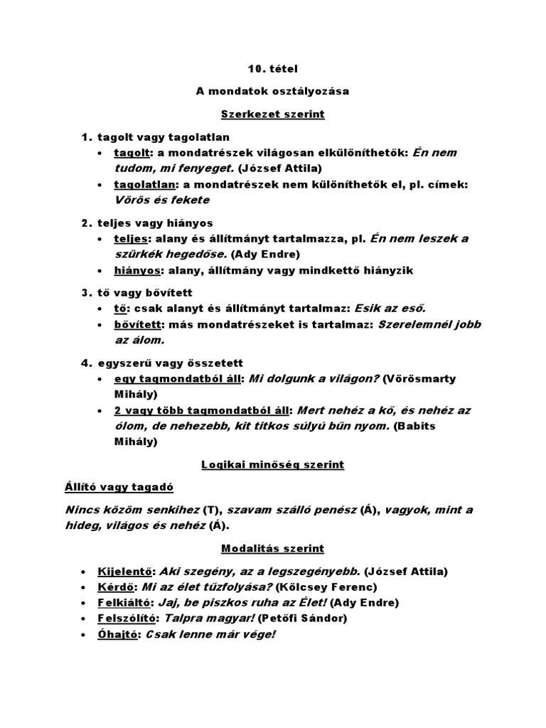 Tétel - A Mondatok Osztályozása | PDF