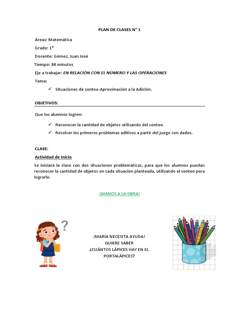 PLAN DE CLASES #1 - MAT-1° Primaria | PDF