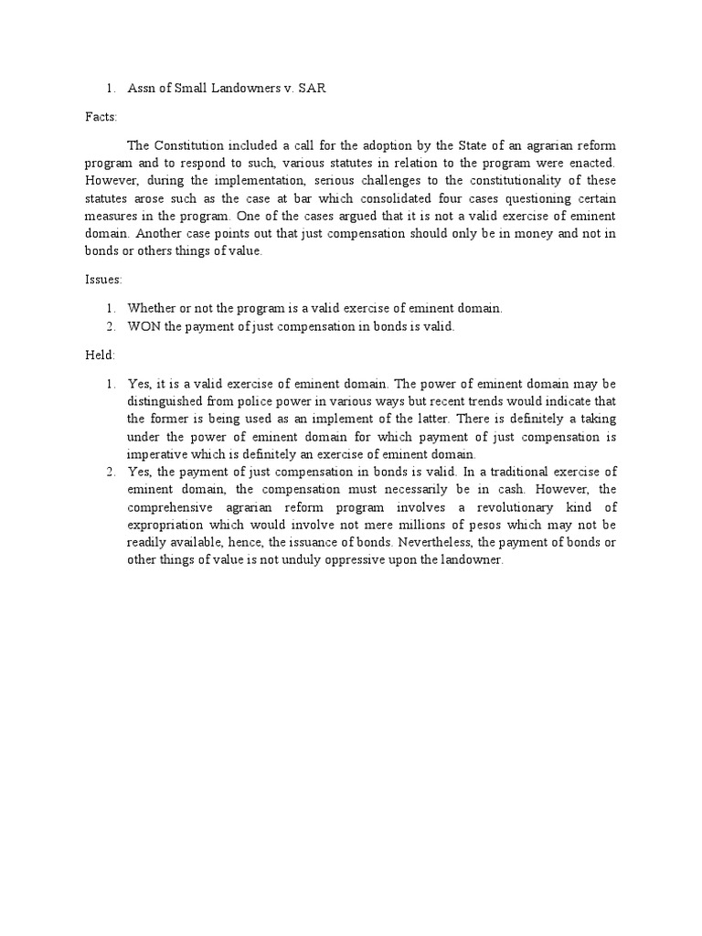 Assn of Small Landowners v. SAR - Case Digest - F | PDF | Law