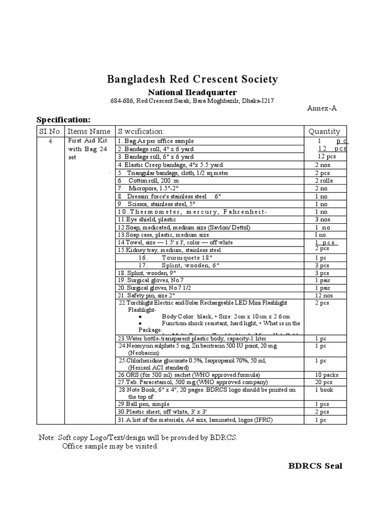 Bangladesh Red Crescent Society First Aid Kit Specification | PDF