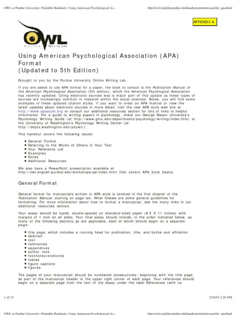 Using American Psychological Association (APA) Format (Updated To 5th ...