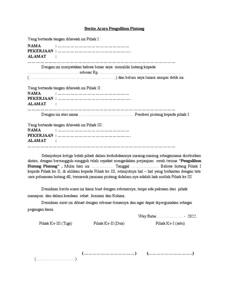 Berita Acara Pengalihan Piutang | PDF