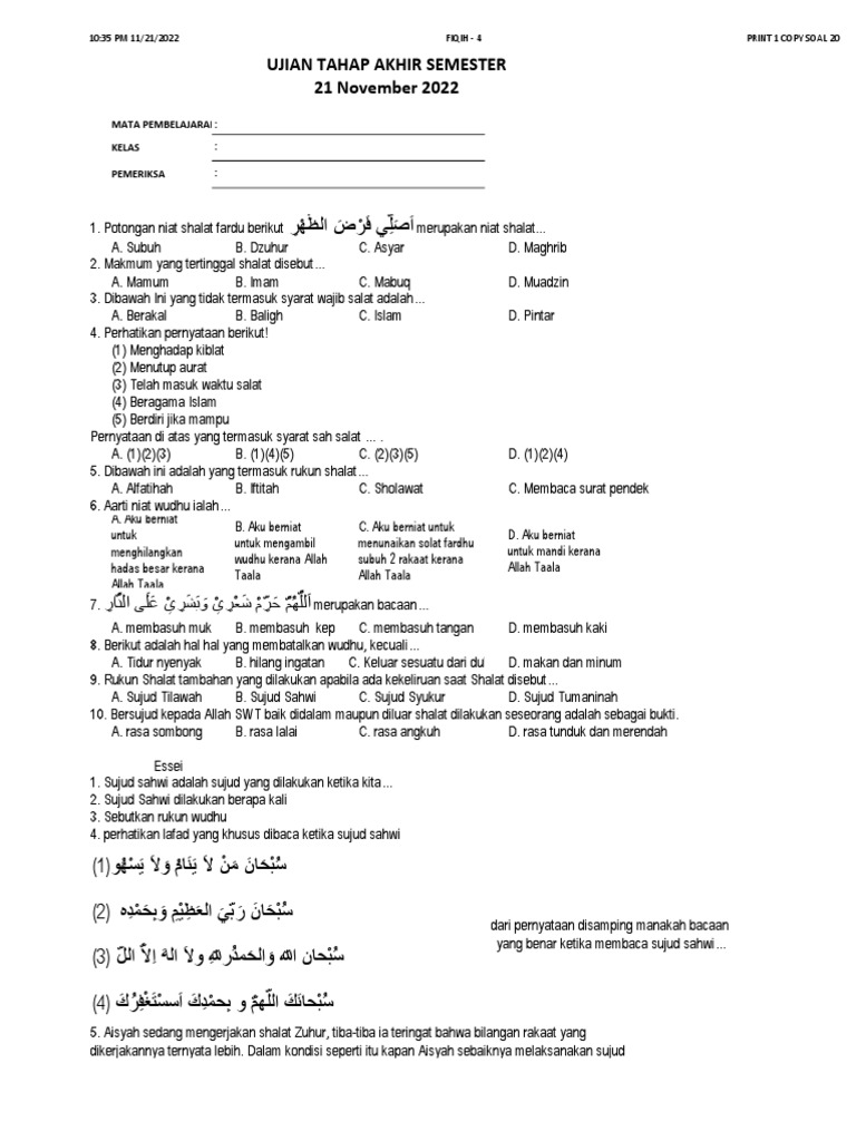 Contoh Soal FIQIH KELAS 4 | PDF