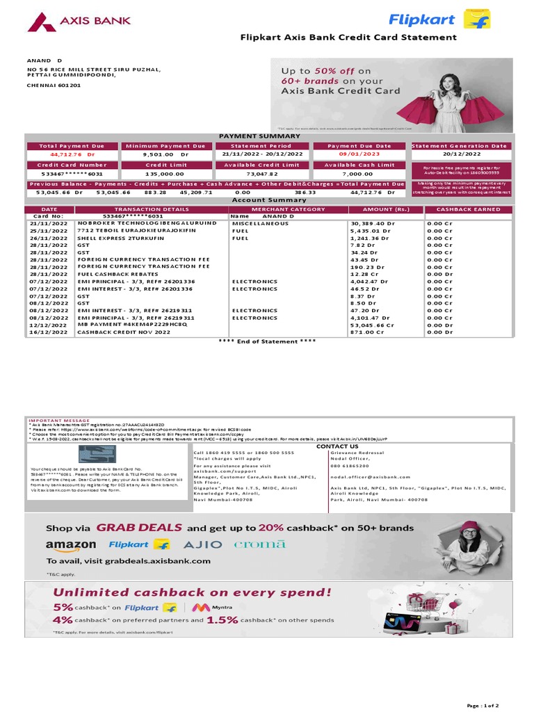 Flipkart Axis Bank Credit Card Statement | PDF | Credit Card | Payments