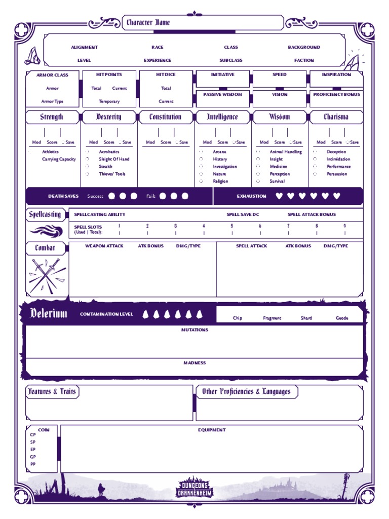 Dungeons of Drakkenheim Character Sheet - Purple FORM | PDF | Role Playing Games | Gaming
