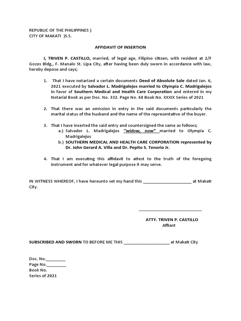 Affidavit Of Insertion Pdf