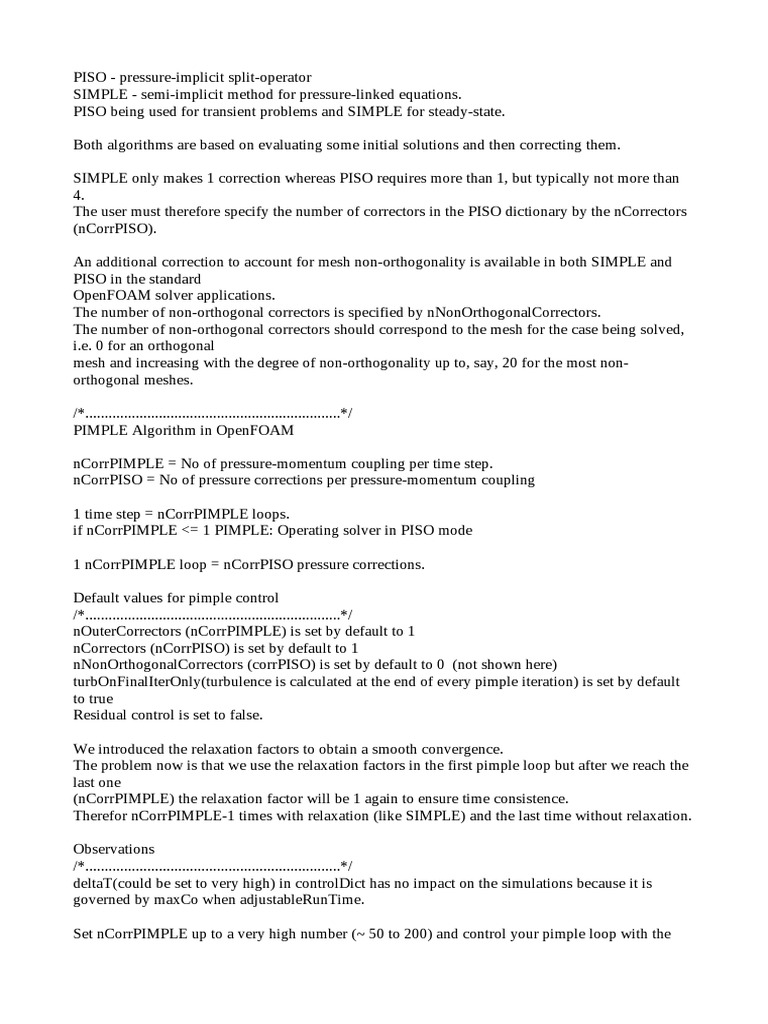 Pimple And Simple Algorithms In Openfoam Pressure Velocity Coupling And Pressure Correction 