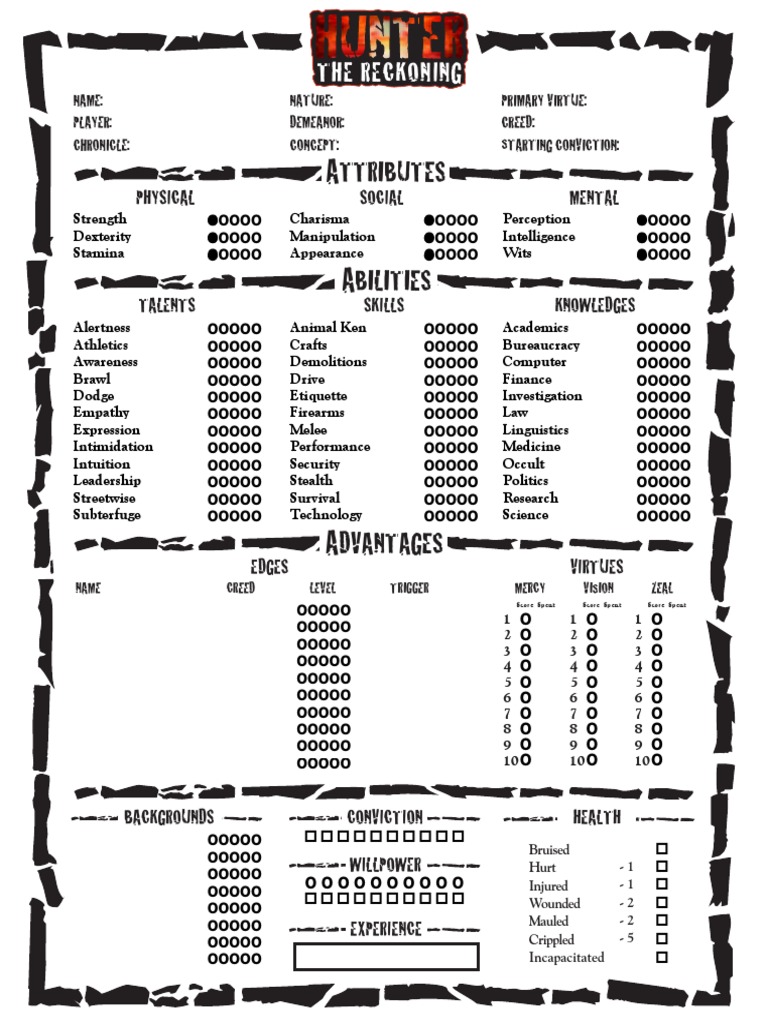Character Sheet for The Reckoning Game | PDF | Role Playing Games | Gaming