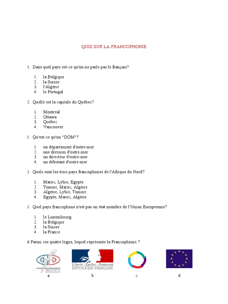Quiz sur la Francophonie | PDF | Voyages | Études des langues étrangères
