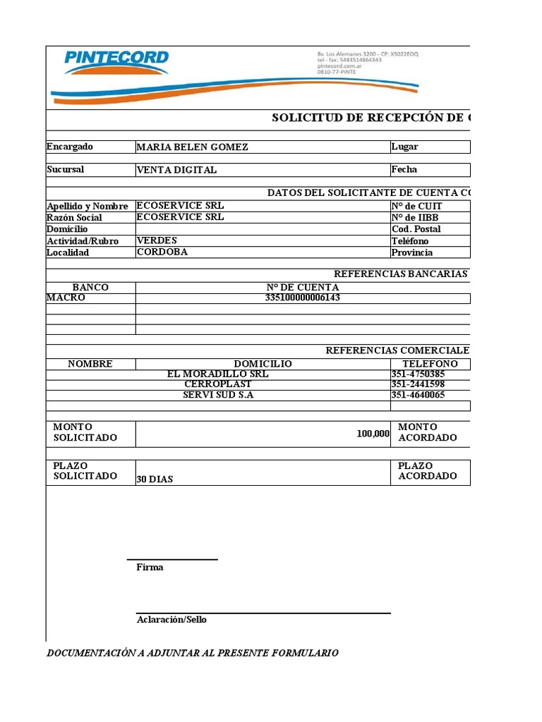 Solicitud de Recepción de Cheques Pintecord | PDF