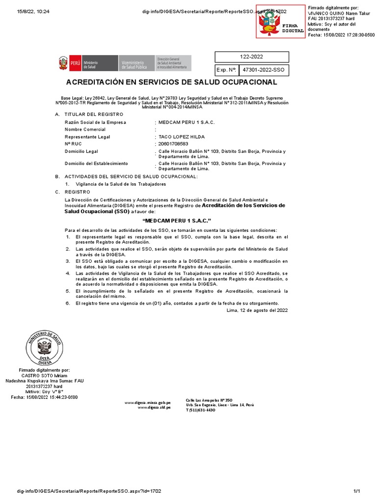 Acreditación en Servicios de Salud Ocupacional MEDCAM PERU 1 S.A.C ...