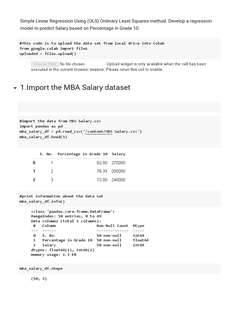 Lab4 - SLR - Ipynb - Colaboratory | PDF | Ordinary Least Squares | Coefficient Of Determination