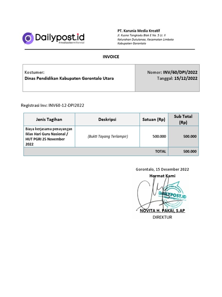 Invoice Iklan Hari Guru Nasional 2022 | PDF