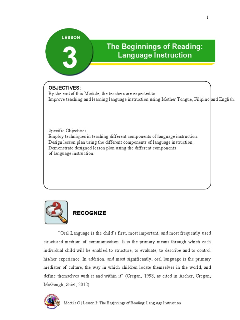 MODULE C Lesson 3the Beginnings of Reading Language Instruction1 | PDF ...