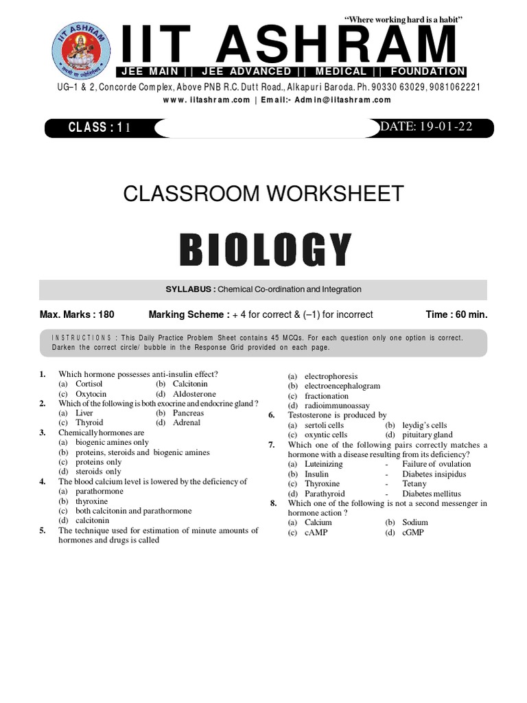 Class 11 Biology Sheet - 1 | Download Free PDF | Hormone | Endocrine System