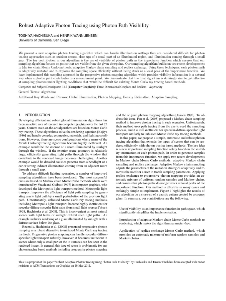 Robust Adaptive Photon Tracing Using Photon Path Visibility | PDF | Monte Carlo Method ...