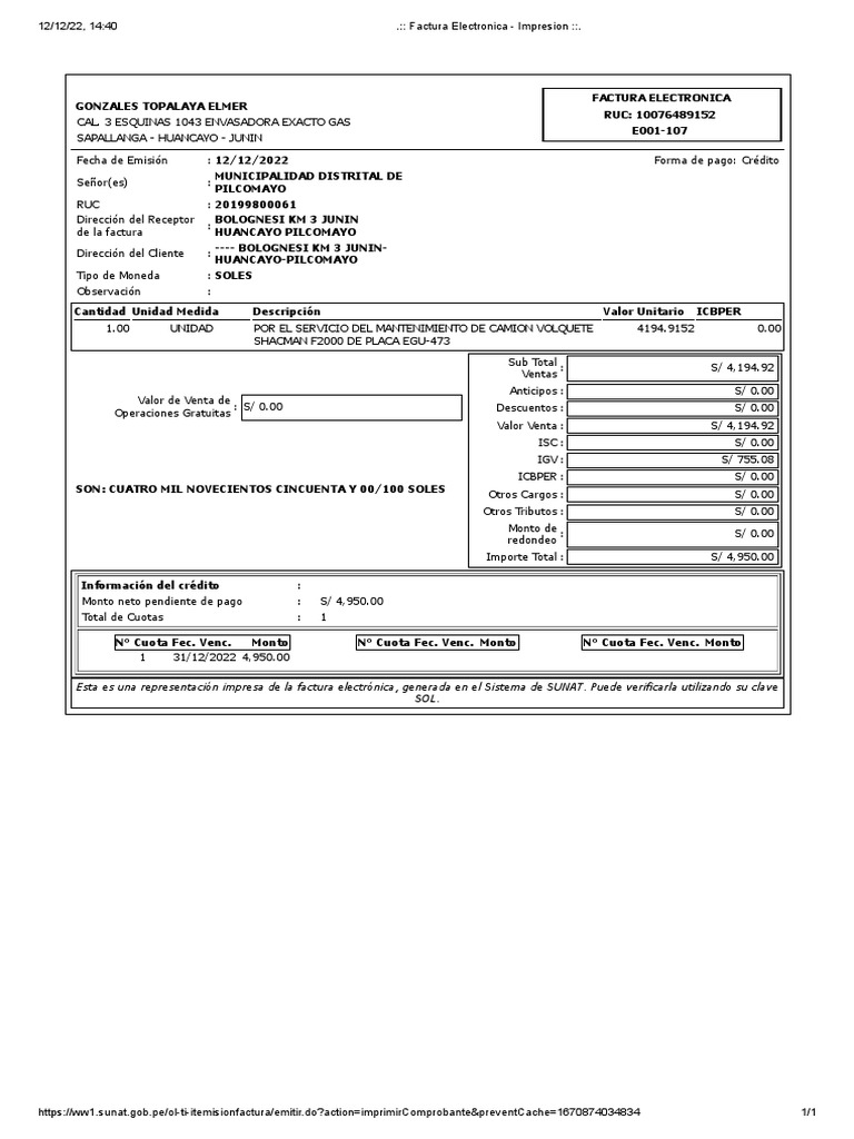 Factura Electronica RUC: 10076489152 E001-107 | PDF | Dinero | Pagos