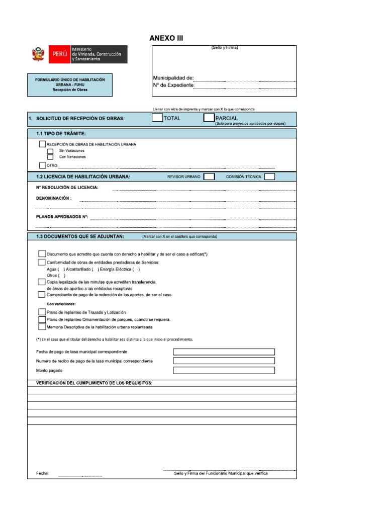 Formulario Único de Habilitación Urbana - FUHU Recepción de Obras | PDF Formulario Único de Habilitación Urbana - FUHU Recepción de Obras | PDF