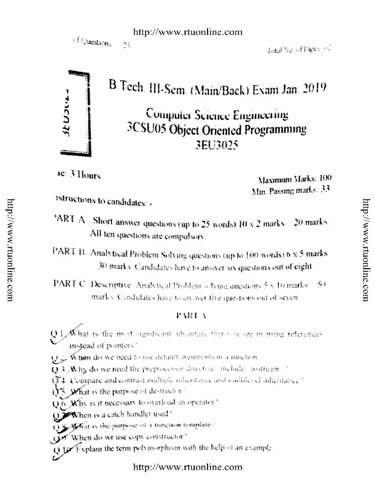 Btech Cs 3 Sem Object Oriented Programming 3eu3025 Jan 2019 Pdf 