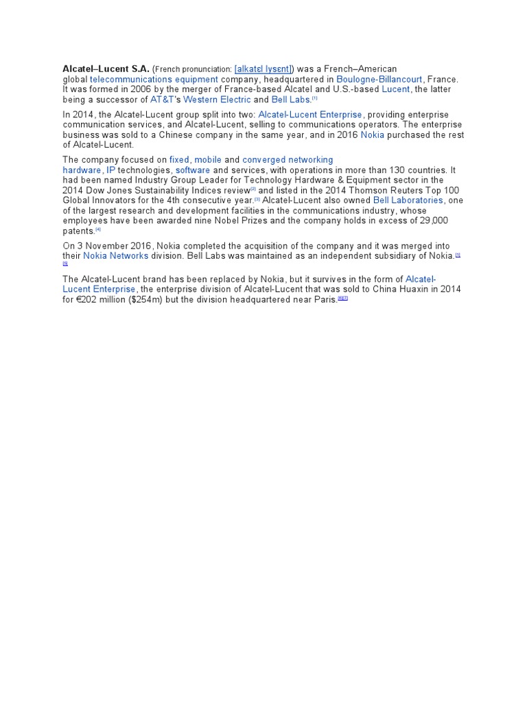 The Merger and Acquisition of Alcatel-Lucent by Nokia: A History of a ...