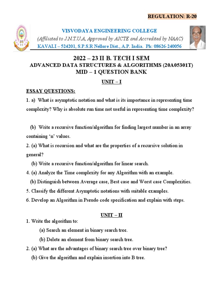 Advanced Data Structures Algorithms Mid-1 Question Bank | PDF | Time Complexity | Computer Science