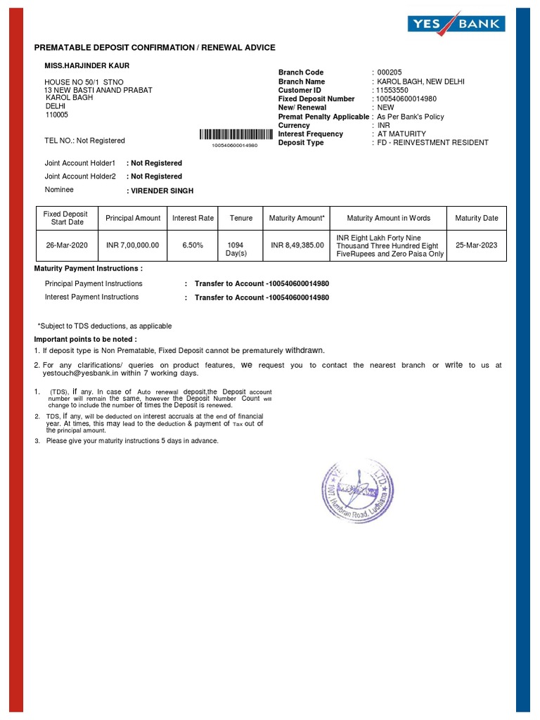 Yes Bank FD Harjinder Kaur | PDF | Economies | Money