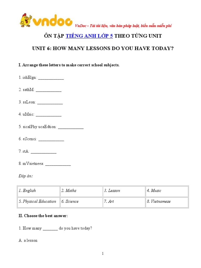 Bai Tap Tieng Anh Lop 5 Unit 6 How Many Lessons Do You Have Today | PDF