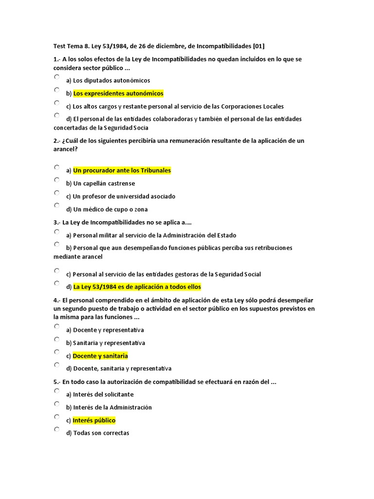 Test. Ley 53 - 1984, de 26 de Diciembre, de Incompatibilidades | PDF ...