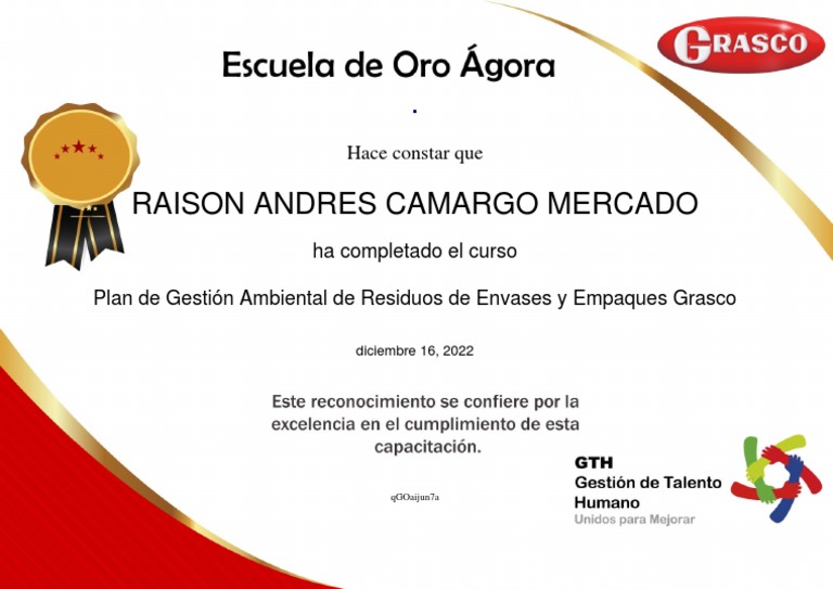 Certificación Curso Gestión Residuos Grasco | PDF