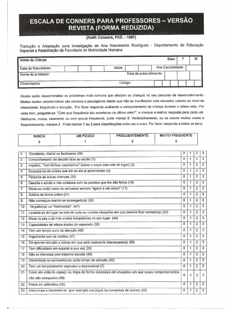 Escala Conners Professores | PDF