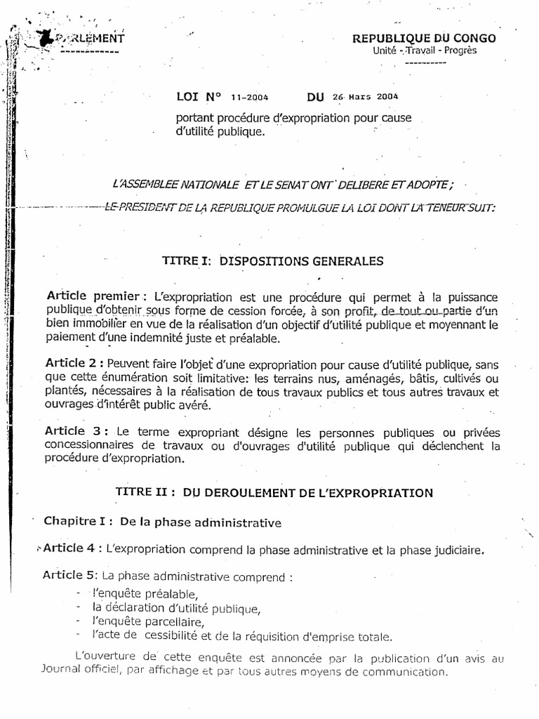 Congo Loi 2004 11 Procédure Expropriation Cause Utilité Publique | PDF | Sphère publique | Justice