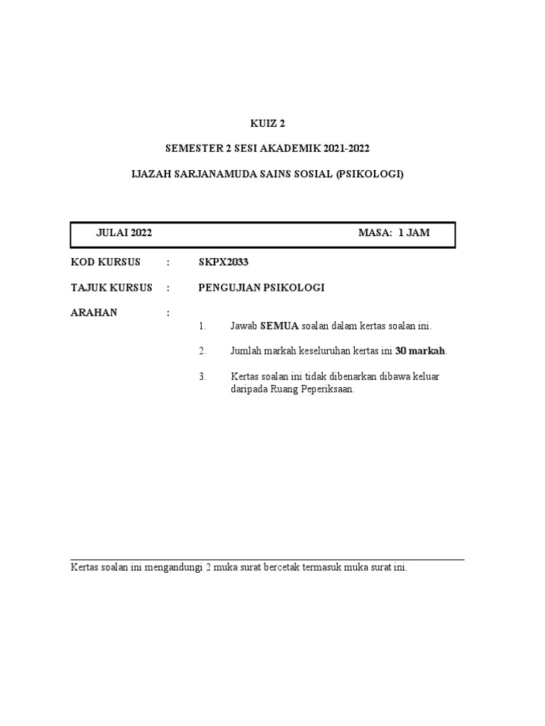 KUIZ 2 - SKPX2033 - Pengujian Psiko | PDF
