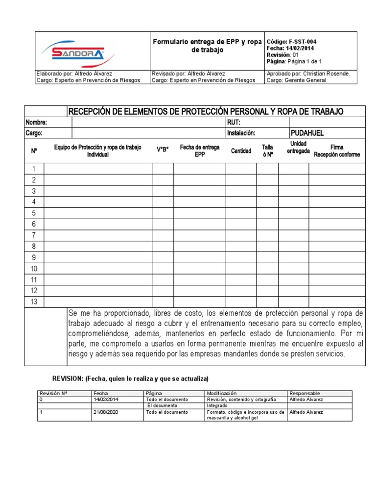 Formulario entrega EPP ropa trabajo | PDF