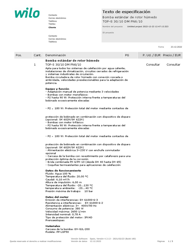 WILO TOP-S 30-10 DM PN6-10 Ref-2165522 | PDF | Bomba | Bienes ...