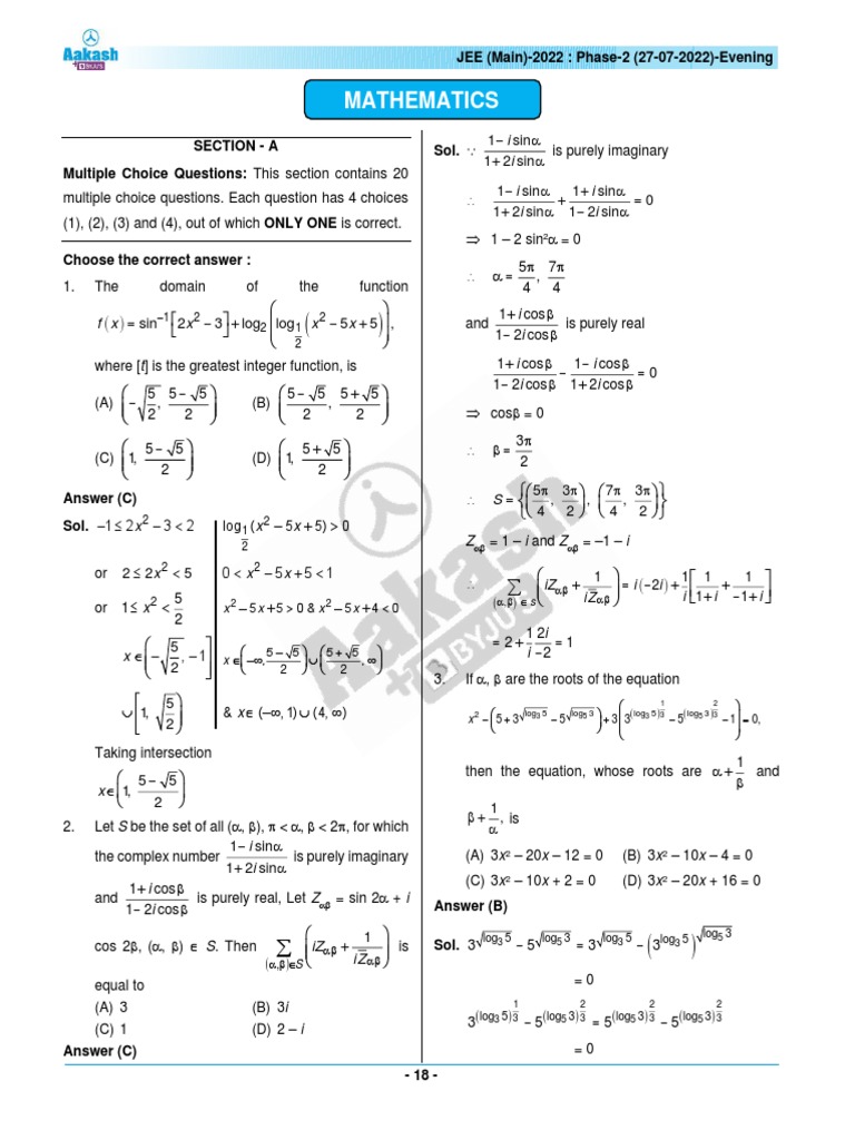 JEE Main 2022 Phase-2 Math Paper | PDF | Analytic Geometry | Mathematical Concepts