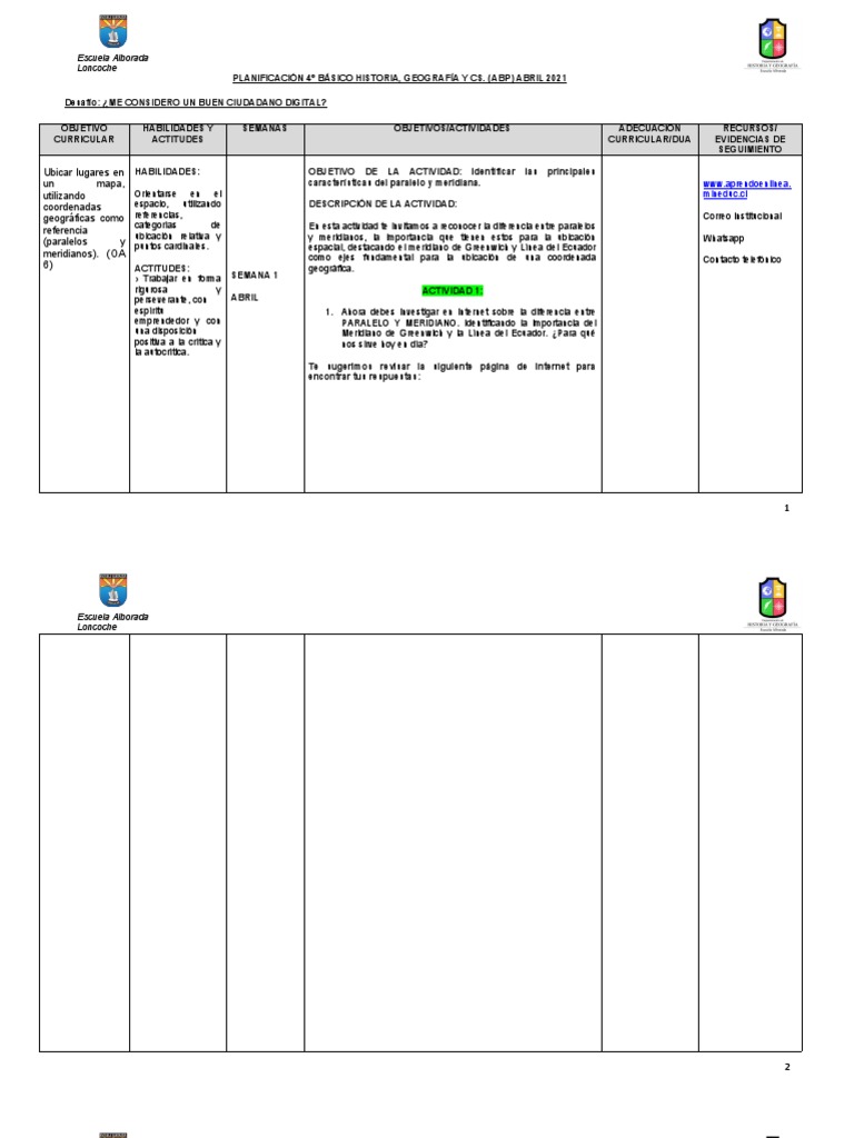 Planificación Historia Abp 4° - Abril | PDF