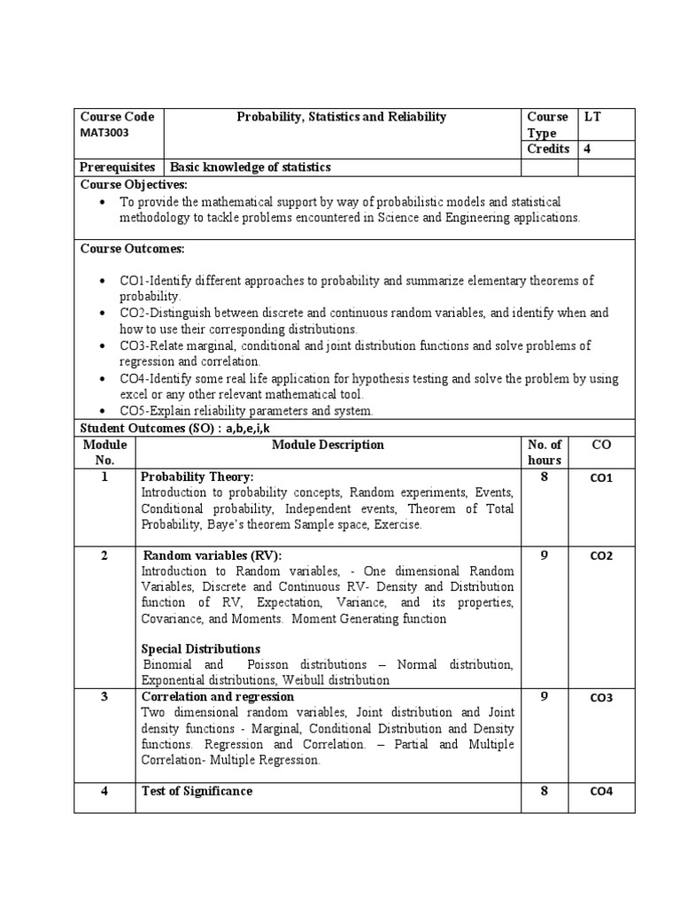 MAT3003 Probability Statistics and Reliability | PDF | Probability ...