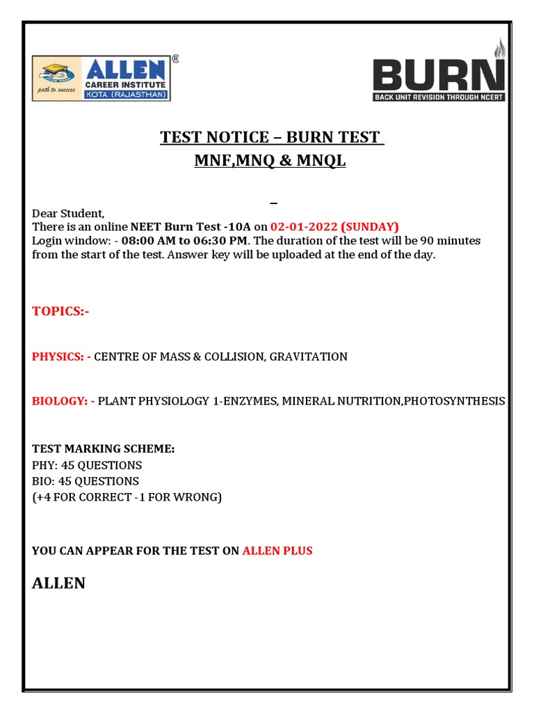 NEET Burn Test 10A Notice for Students | PDF | Self-Improvement ...