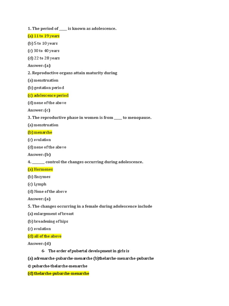 Puberty Quiz: Key Concepts for Girls | PDF | Science & Mathematics