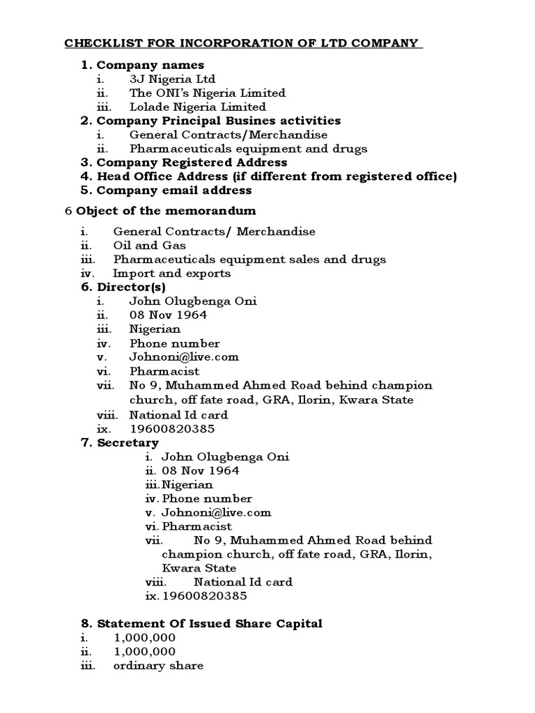 Check List For Incorporation of Company | PDF