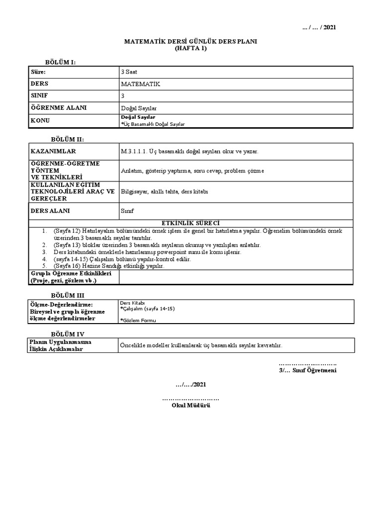 3.Snf Matematik Gynlyk Plan Meb | PDF