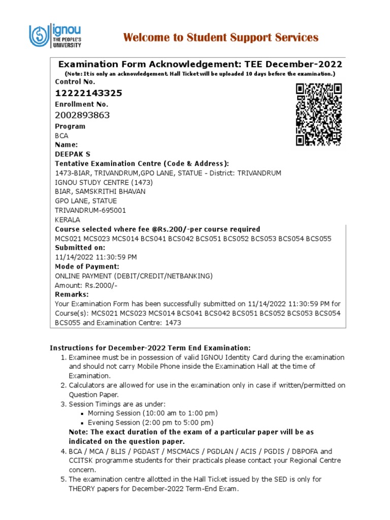 IGNOU - Examination Form Acknowledgement | PDF