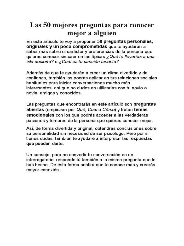 Las 50 Mejores Preguntas para Conocer Mejor A Alguien | PDF | Humor | Amor