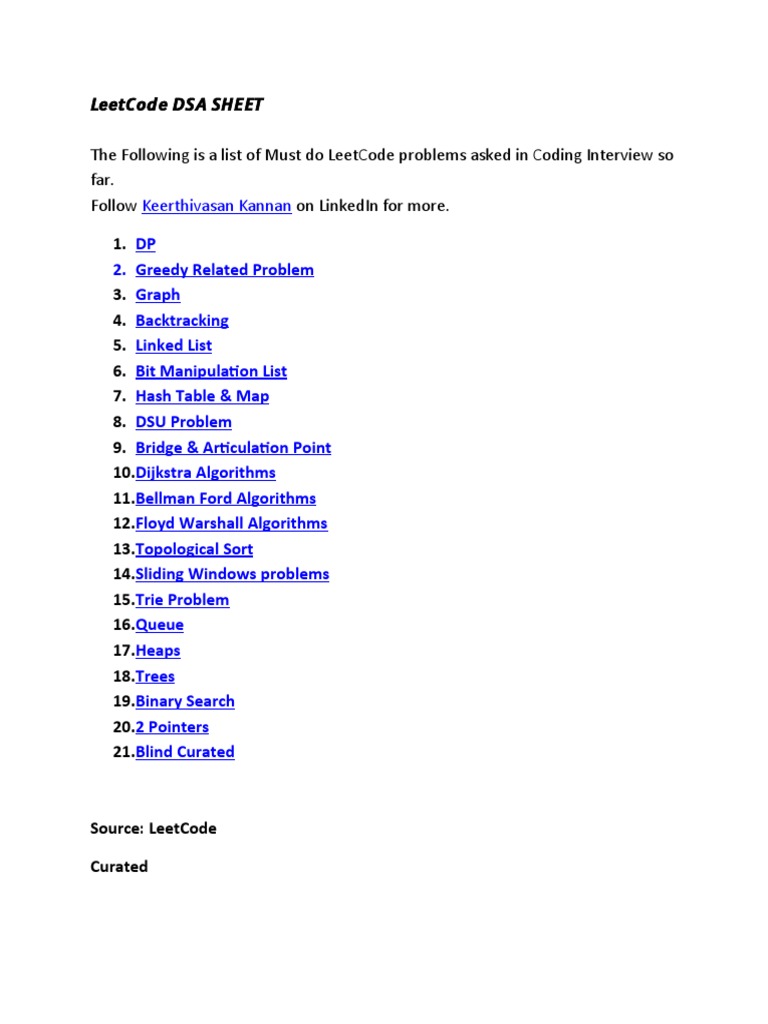 LeetCode DSA Sheet | PDF LeetCode DSA Sheet | PDF
