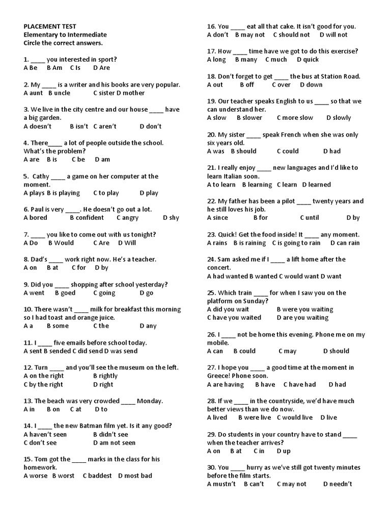 Placement Test Elementary To Intermediate Circle The Correct Answers | PDF