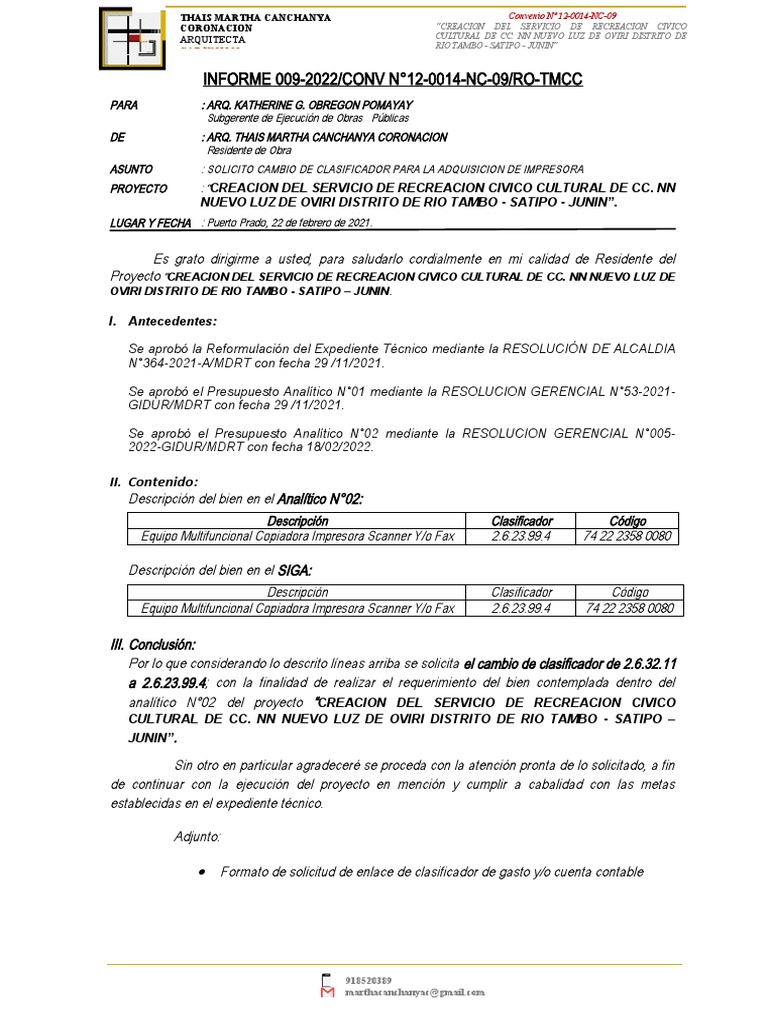 009 - Inf #009 - Solicitud de Cambio de Clasificador - Impresora | PDF