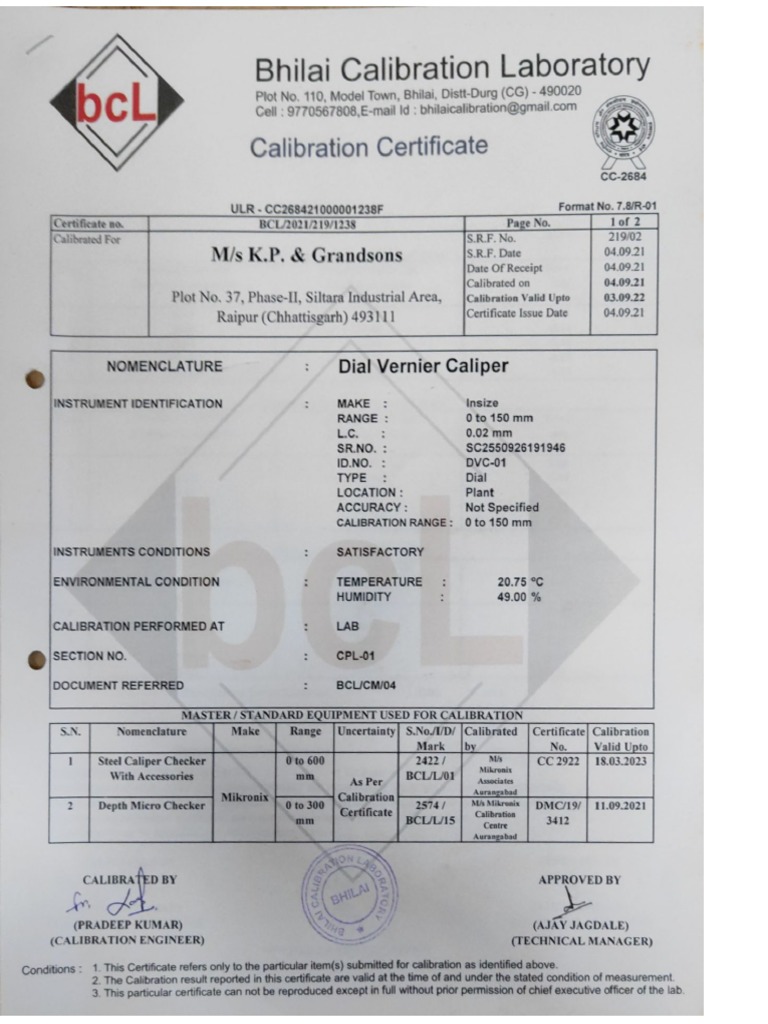 Calibration Certificate Dial Vernier | PDF
