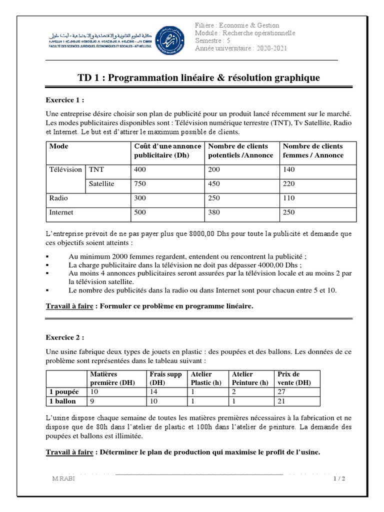 TD 1: Programmation Linéaire & Résolution Graphique | PDF | Publicité | Satellite