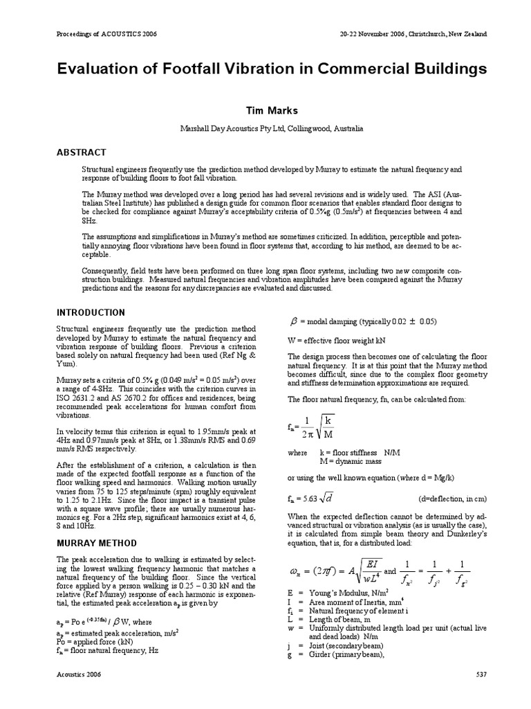 Evaluating Footfall Vibration In Commercial Buildings Pdf Beam Structure Physical Quantities 